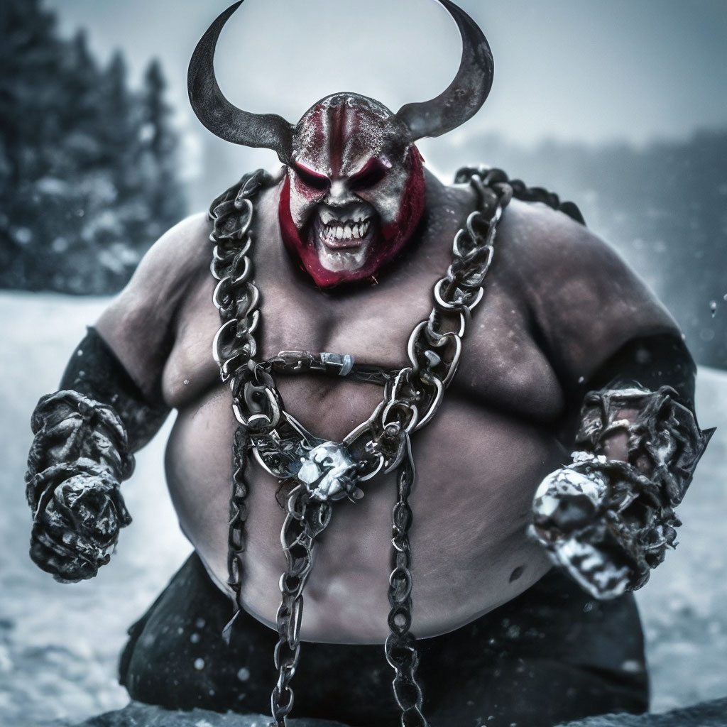 "Klaus, a scary fat demon with sewn eyes, with a goatee and horns, with ...