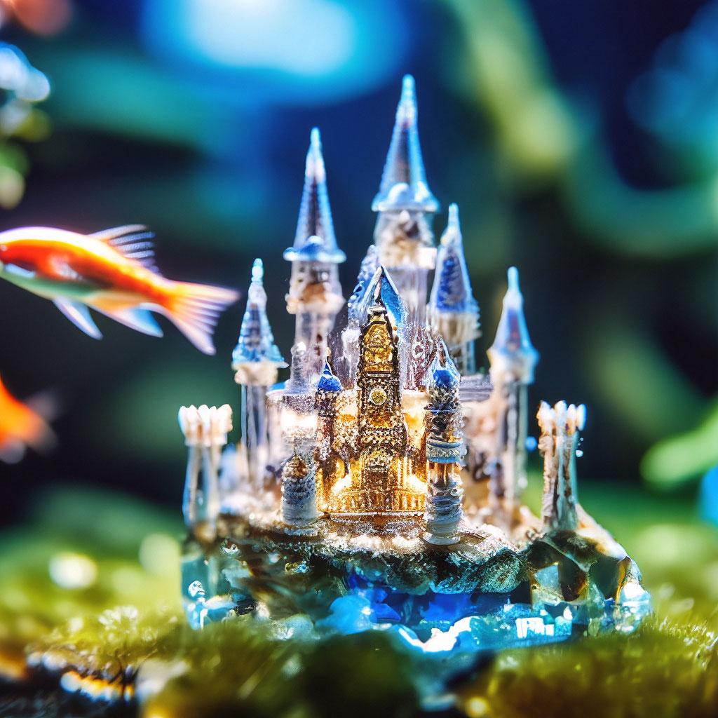 "Crystal filigree small castle in an aquarium with fish, aesthetically ...