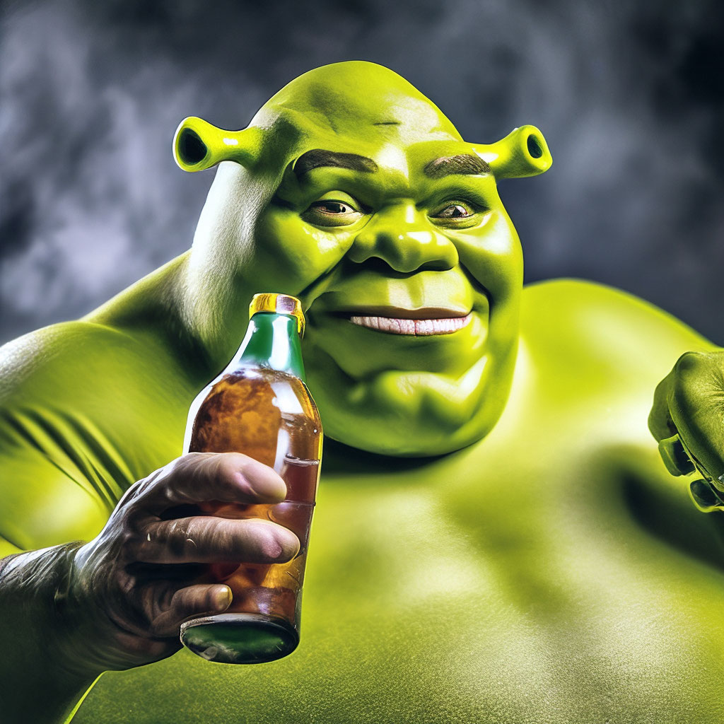 "Fat Shrek drinks beer" — image created in Shedevrum