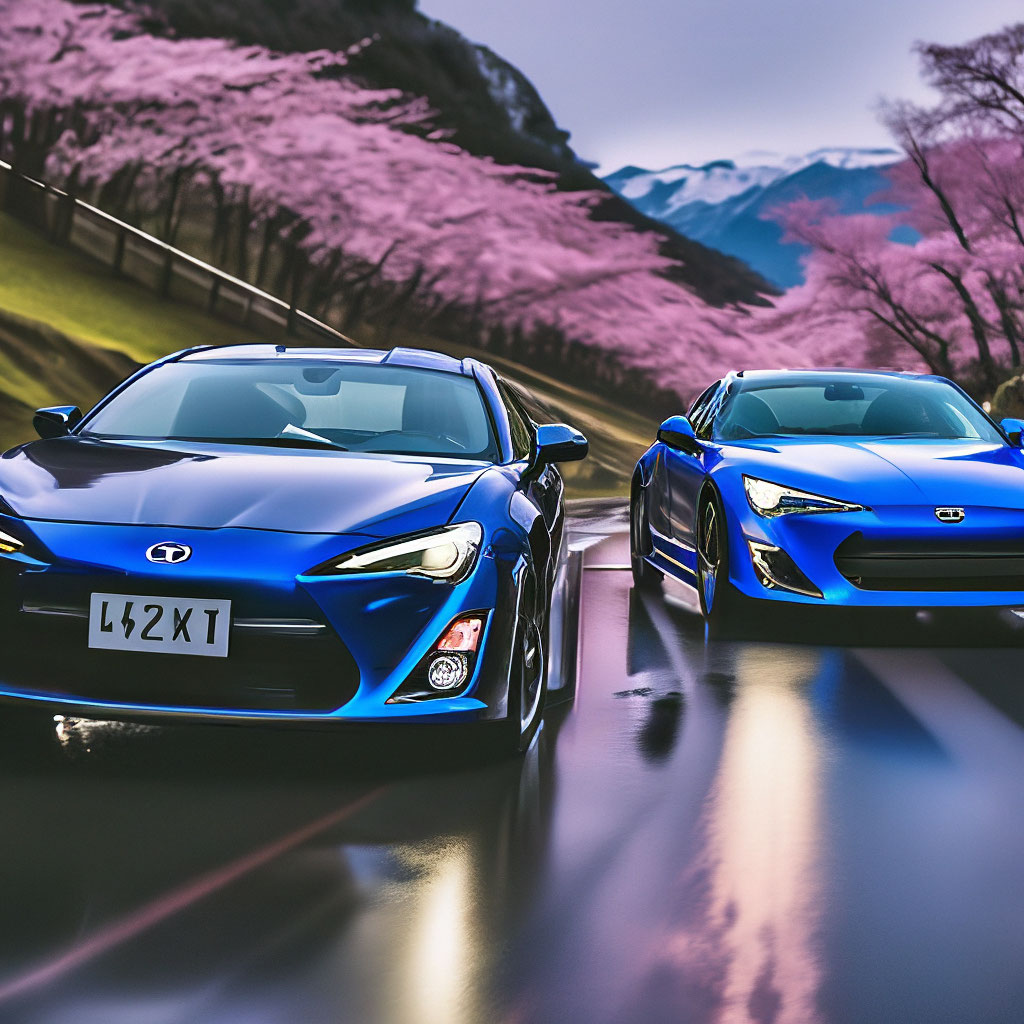 "Two Toyota gt86 black and Subaru BRZ blue cars drive on wet asphalt on ...