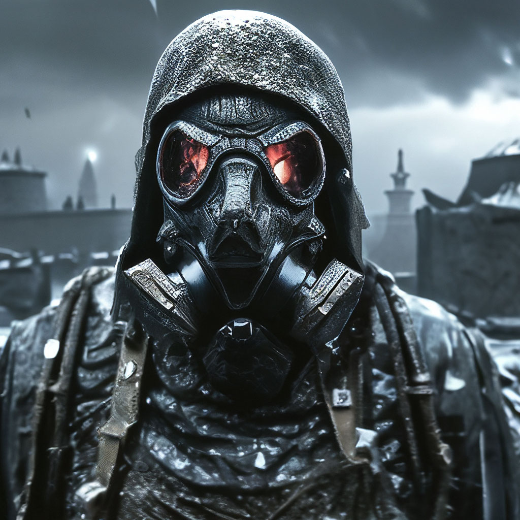"Stalker, black gas mask with sharp teeth, pitch black, black world ...