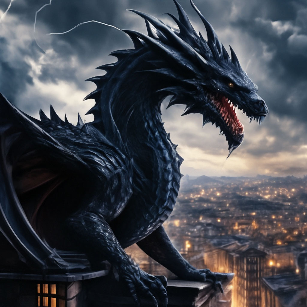 "Dragon black on the roof of the city high-quality drawing of scales ...
