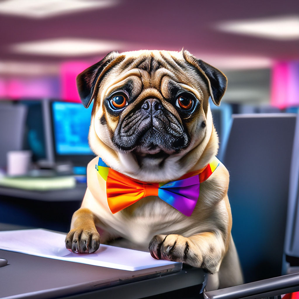 "Pug in a cubicle working at an office job , hyper-realistic, hyper ...