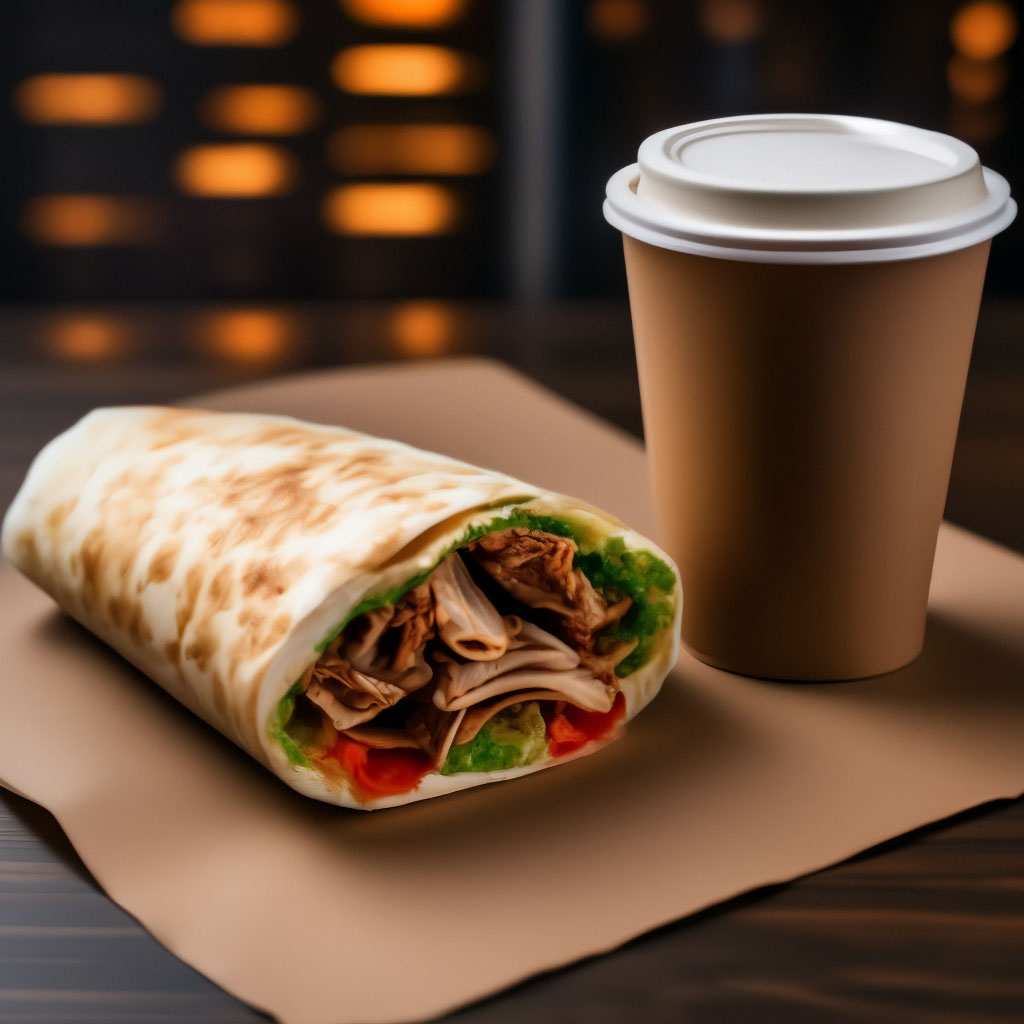 "Shawarma on a napkin and coffee in a cardboard cup" — image created in ...