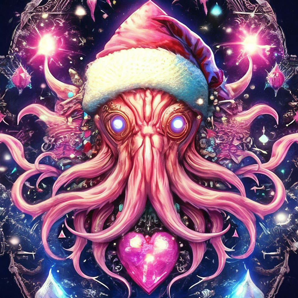 "New Year's Cthulhu in a Santa Claus hat, detailed drawing of the face ...