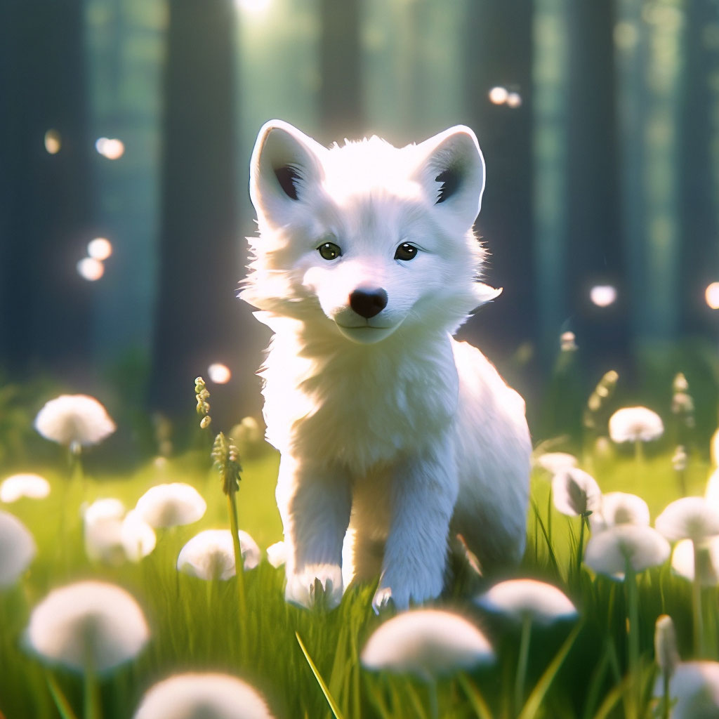 "Cute white fluffy wolf cub in full growth in a clearing with white ...
