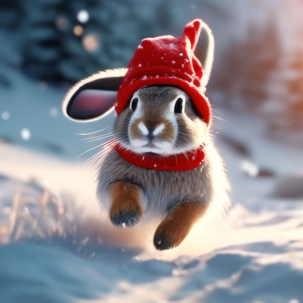 "A cute bunny runs through the snow in a New Year's red hat, cinematic ...