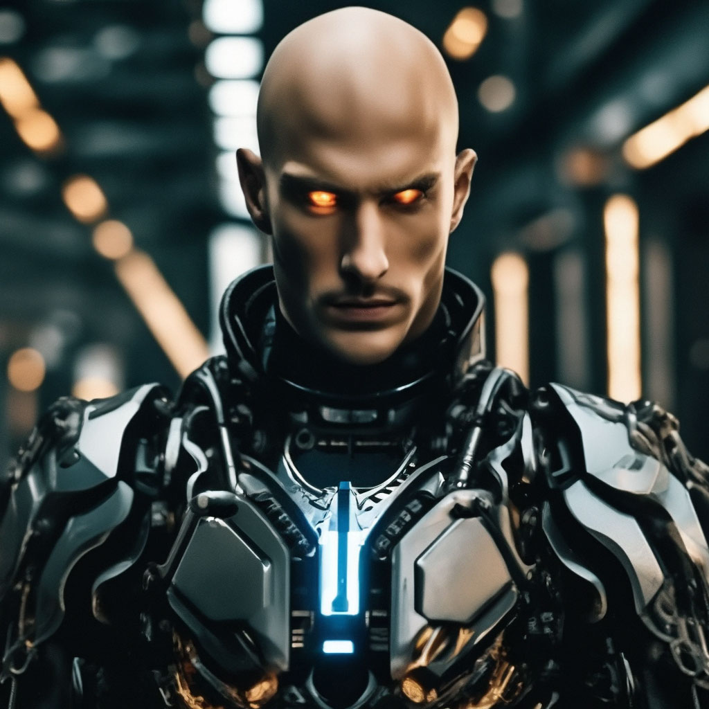"A beautiful, futuristic cyborg man, bald, pumped up, with mechanical ...
