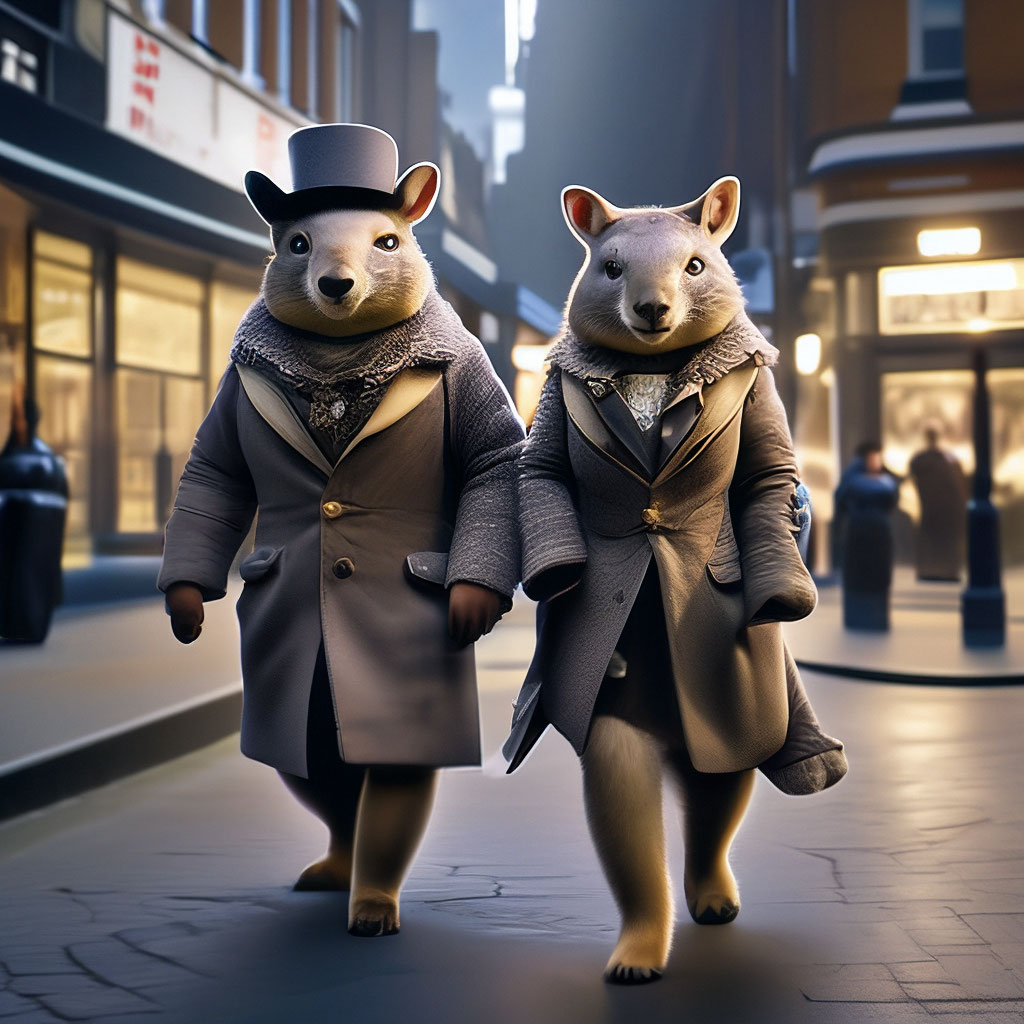 "Mr. Wombat and Mrs. Wombat walking through the streets of London ...