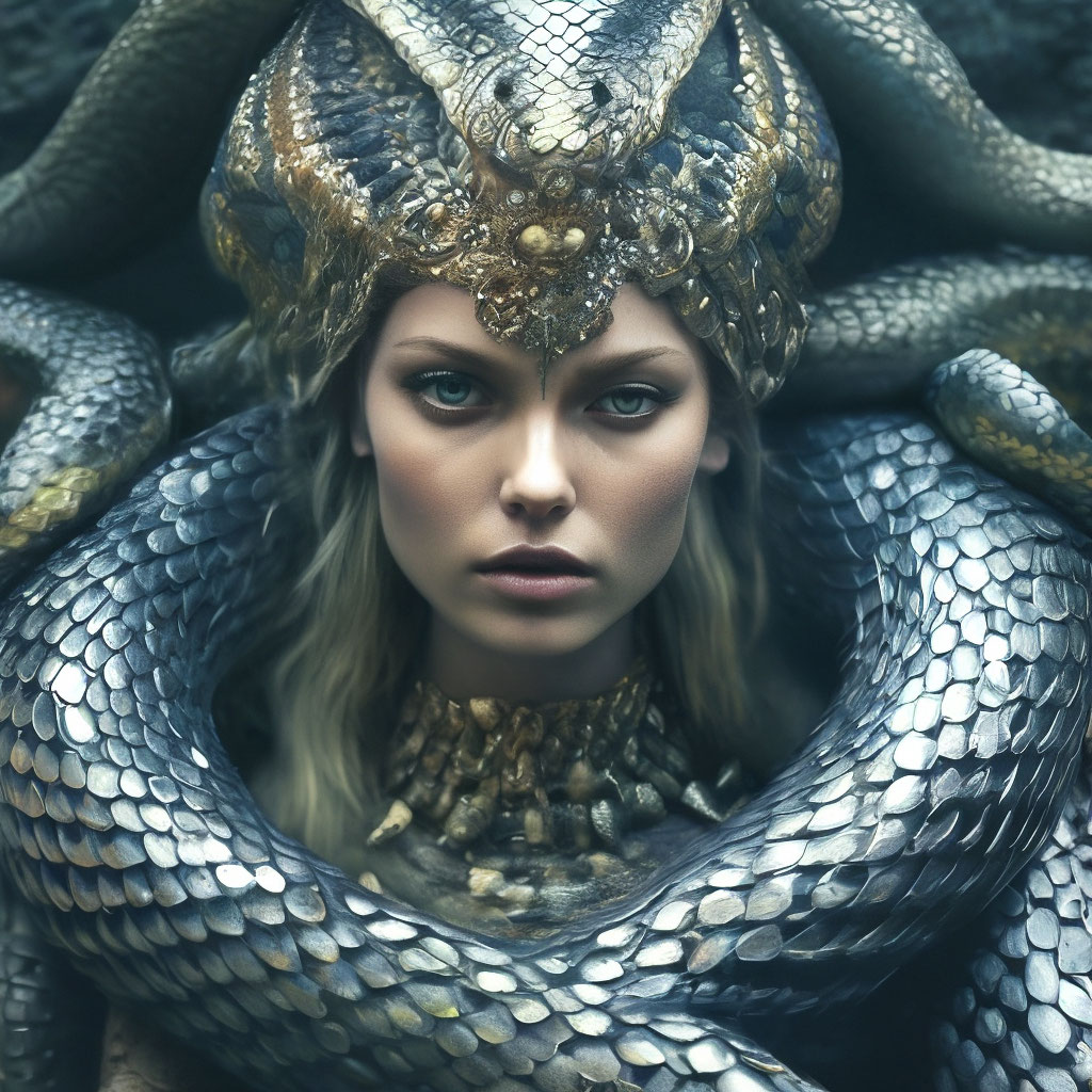 "Snake queen, symbiotic woman+snake, scales, majesty, snake skin, crown ...