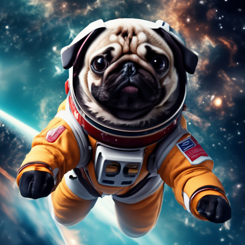 "A very cute pug not very plush in an astronaut costume flies through ...
