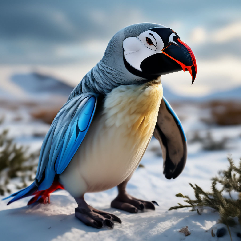 "Hybrid parrot + penguin, walking in a snowy desert, aesthetically ...