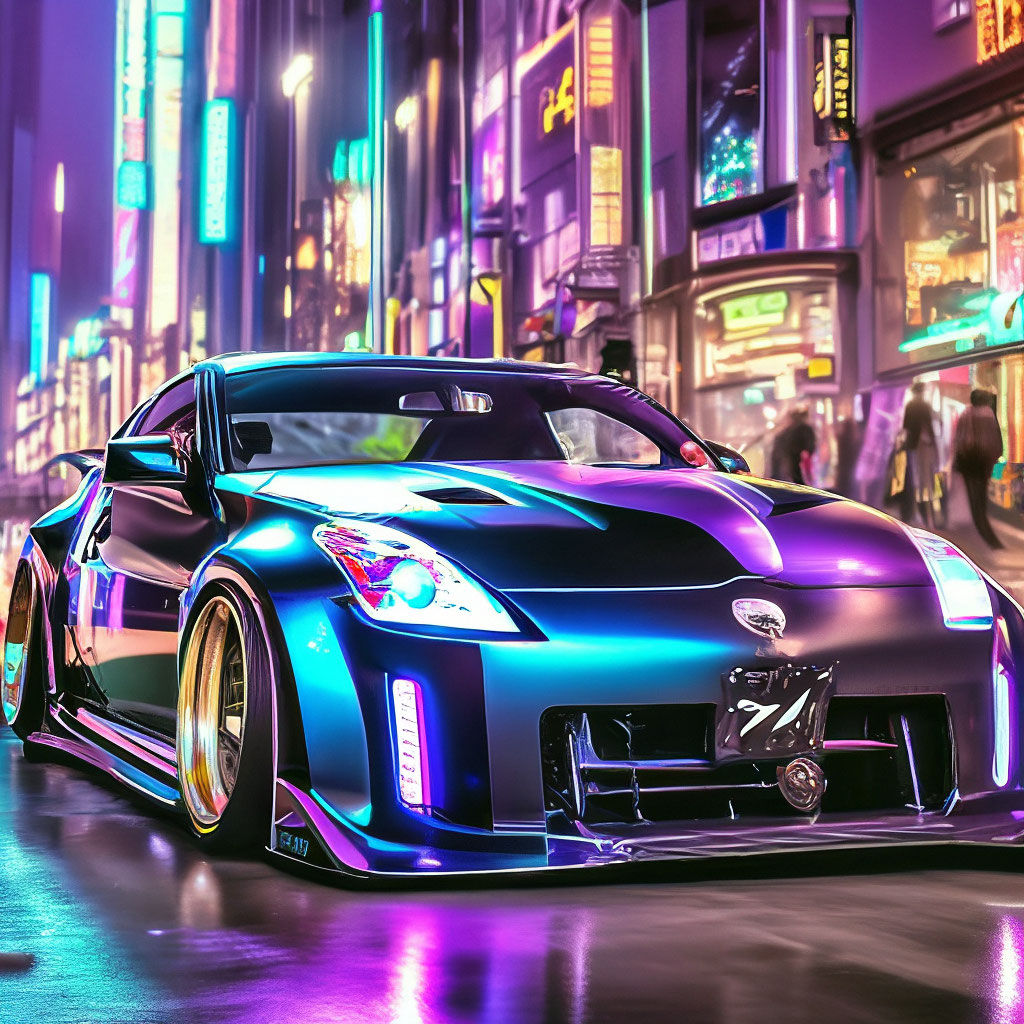 "Nissan 350z car in fantasy style, black color, with purple bottom ...
