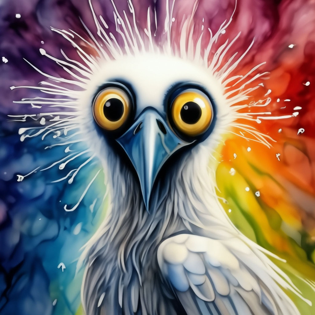 "Funny bug-eyed WHITE crow, rainbow rays from behind, bright light from ...