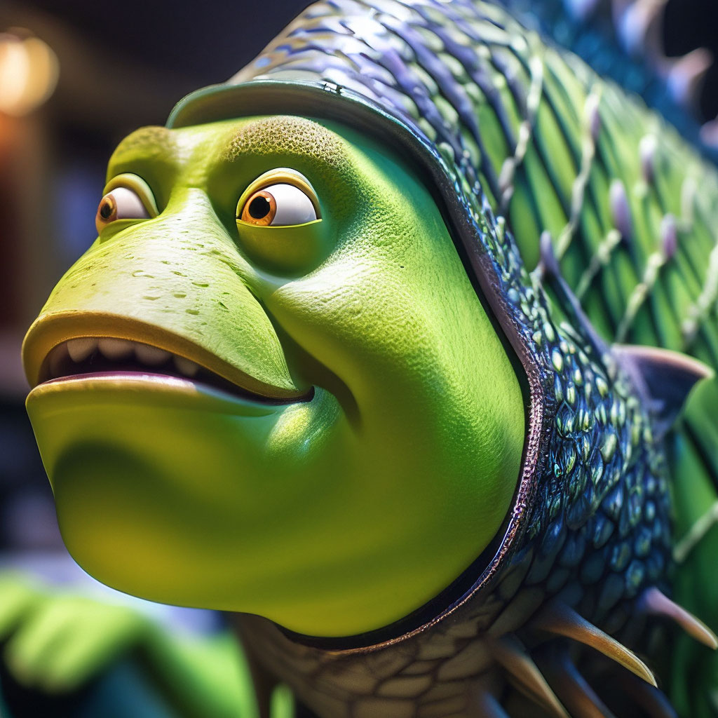 "Shrek is a big fish, scales, gills" — image created in Shedevrum