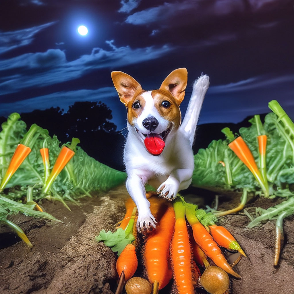 "Jack Russell runs through the carrot field at night" — image created ...