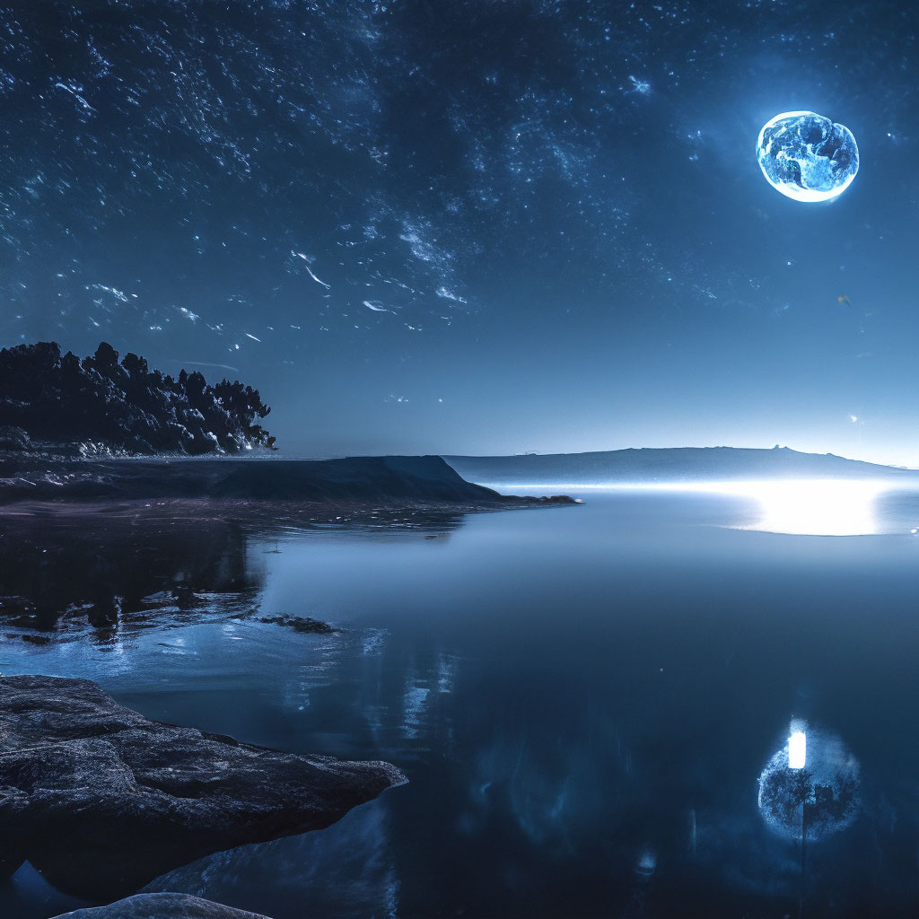 "Starfall over the ocean, reflection , full moon, aesthetically ...