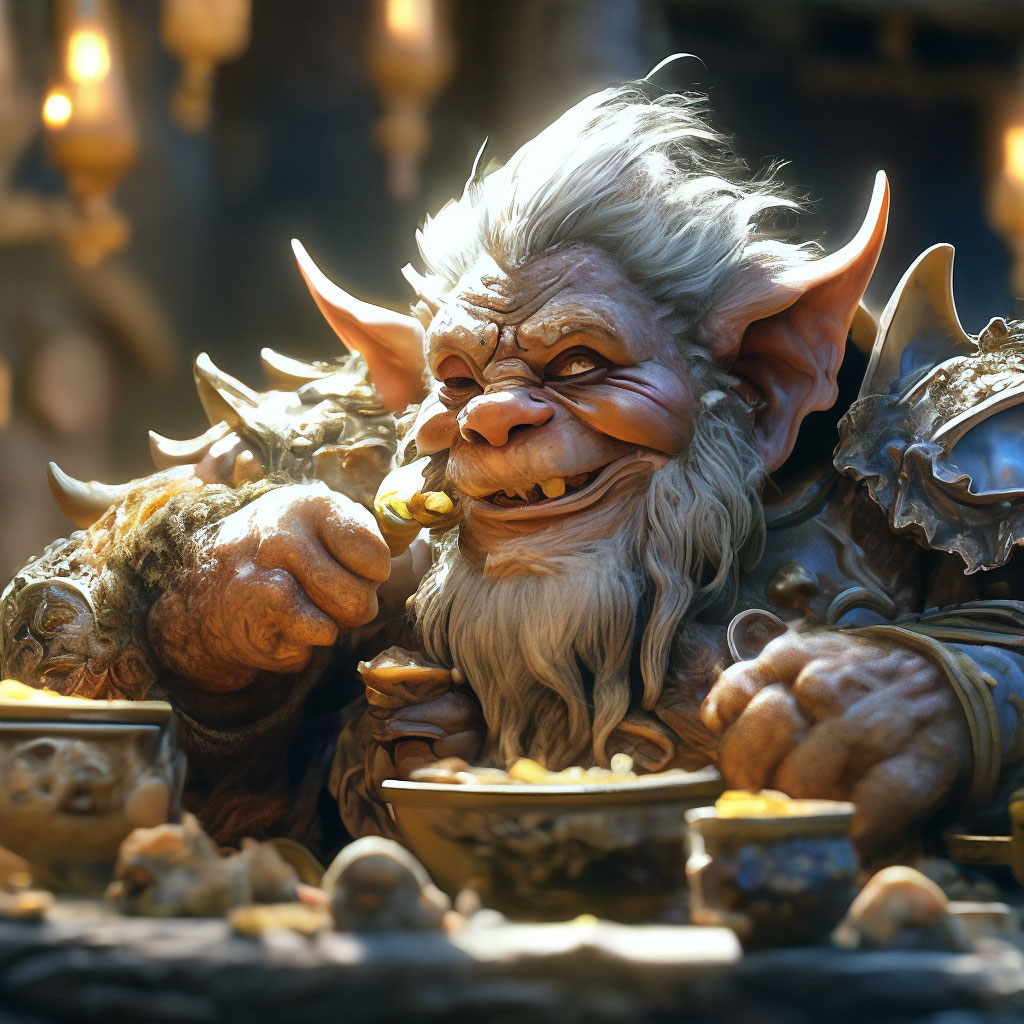 "Dwarf troll Licking bowls, hyperdetalization, mysticism, backlight ...