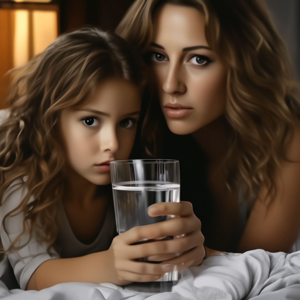"Lisa drinks water while sitting on the bed with her mother" — image ...