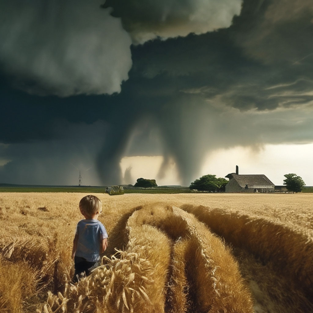 "A terrible tornado is approaching, hyper realism, the sea of wheat is ...