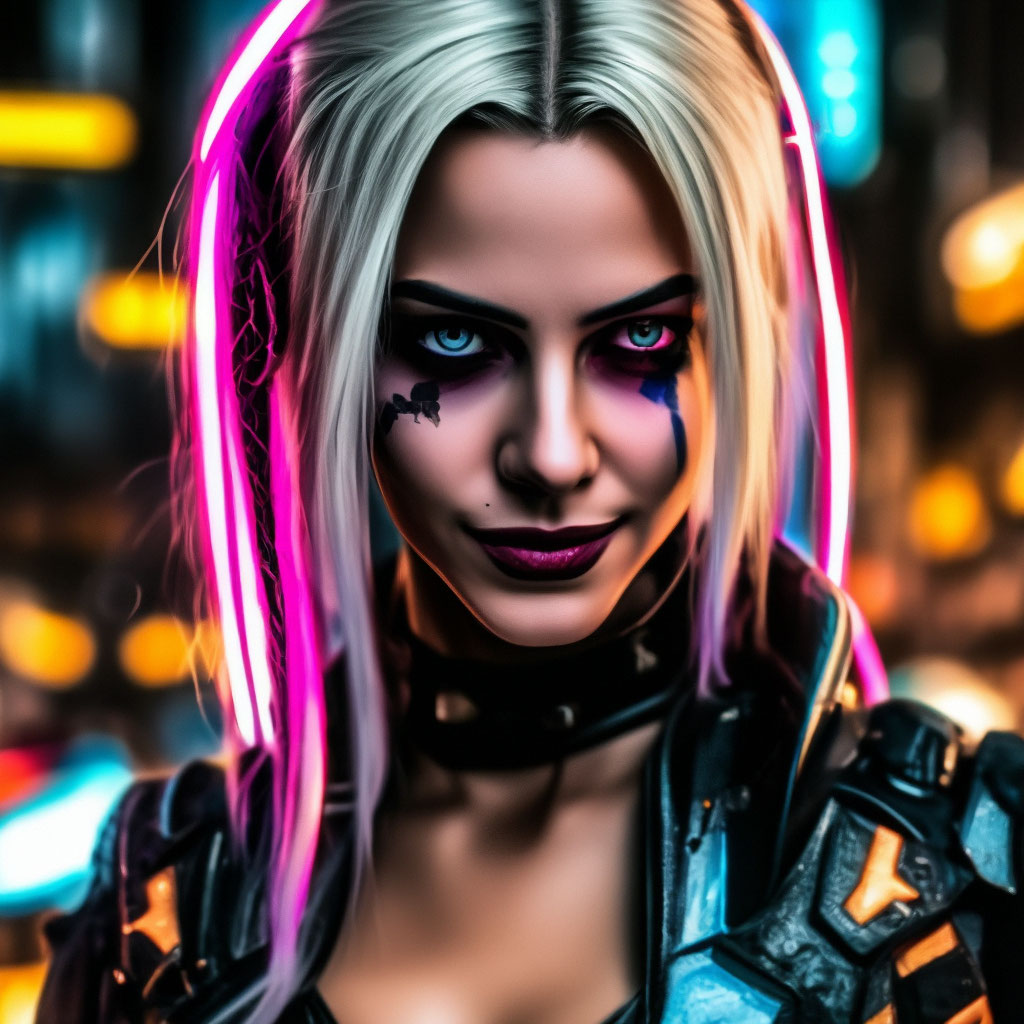 "Харли Квин из Mortal Kombat,Jinx in cyberpunk, epic pose, bright eyes ...