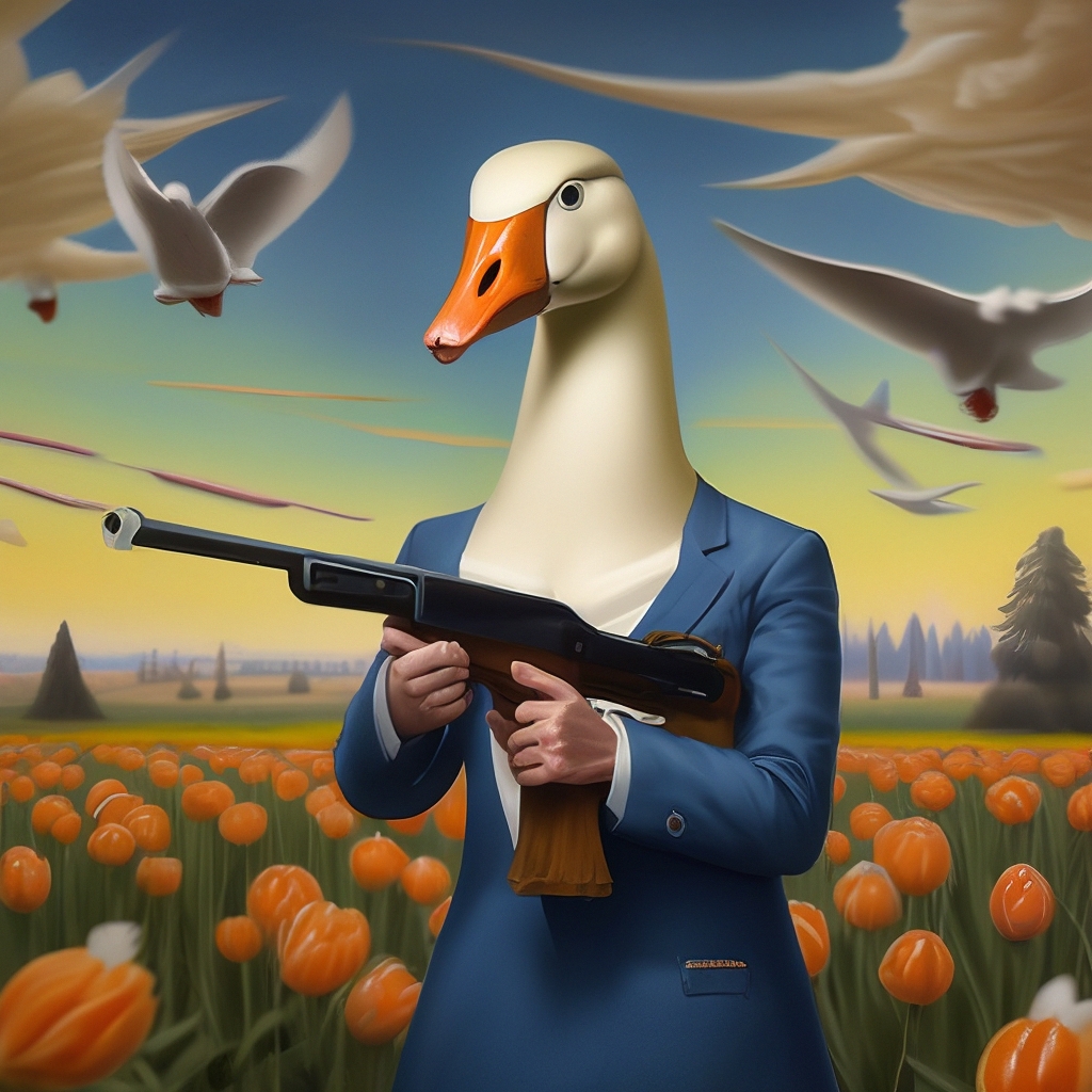 "Goose with a gun" — image created in Shedevrum