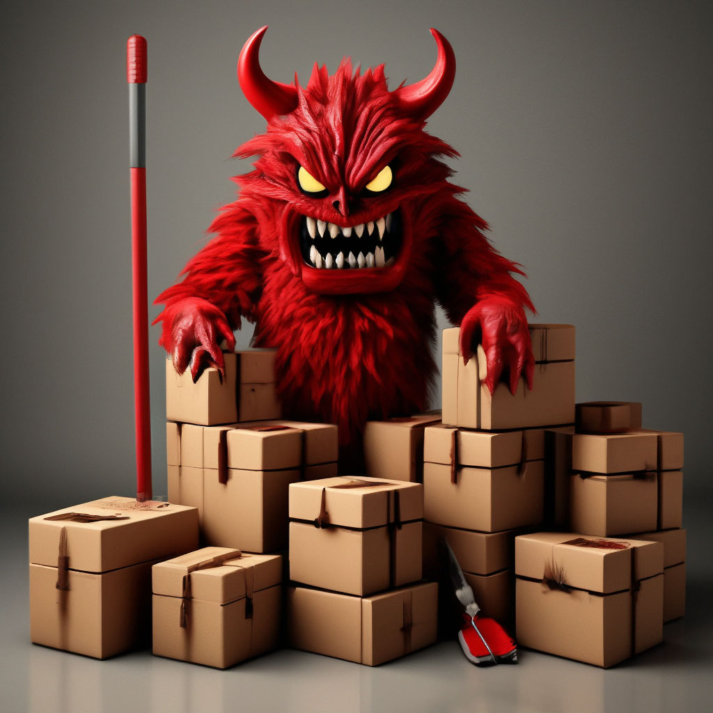 "Evil monster consisting of cardboard boxes, vacuum cleaner, iron, mop ...