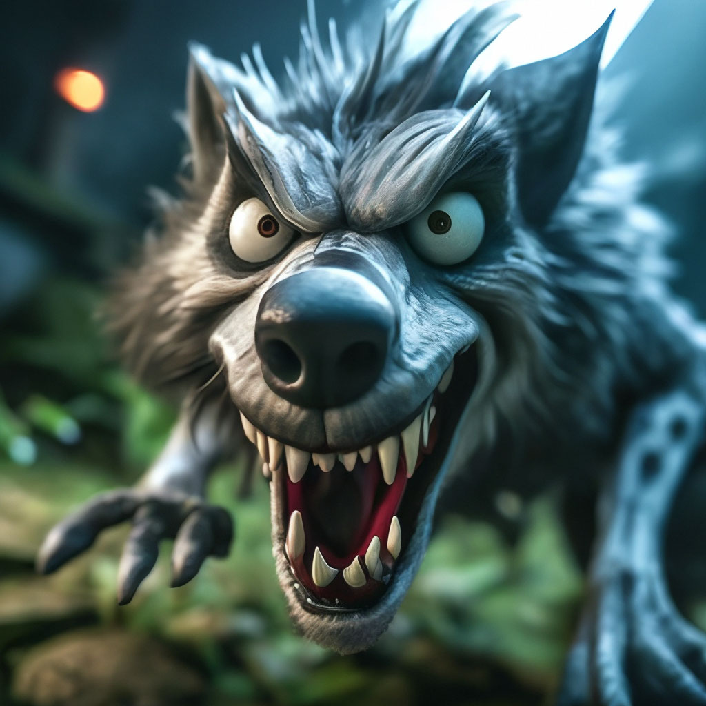 "Creep, horror, cartoon wolf crazy, creepy creature, 30mm lens, 1/250s ...