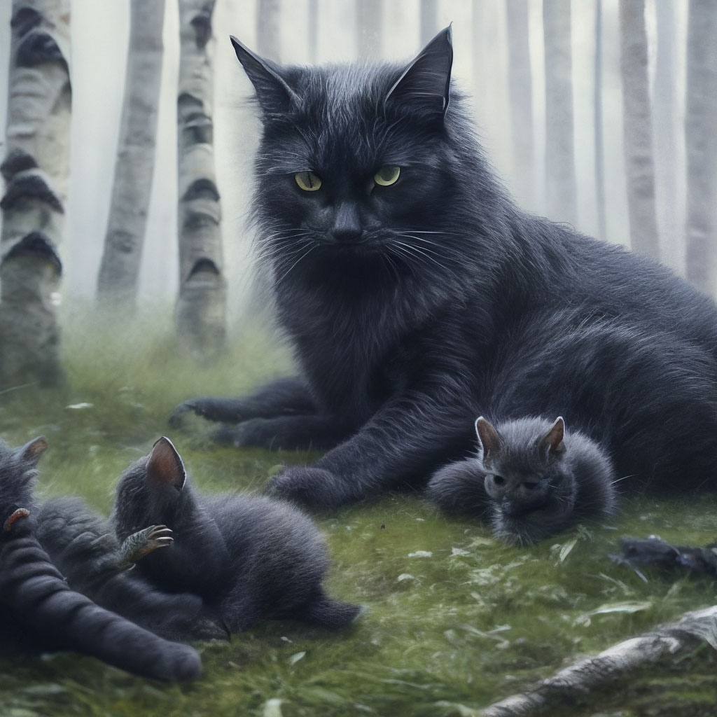 "Bayun the cat puts kittens to sleep on the lawn with birches" — image ...