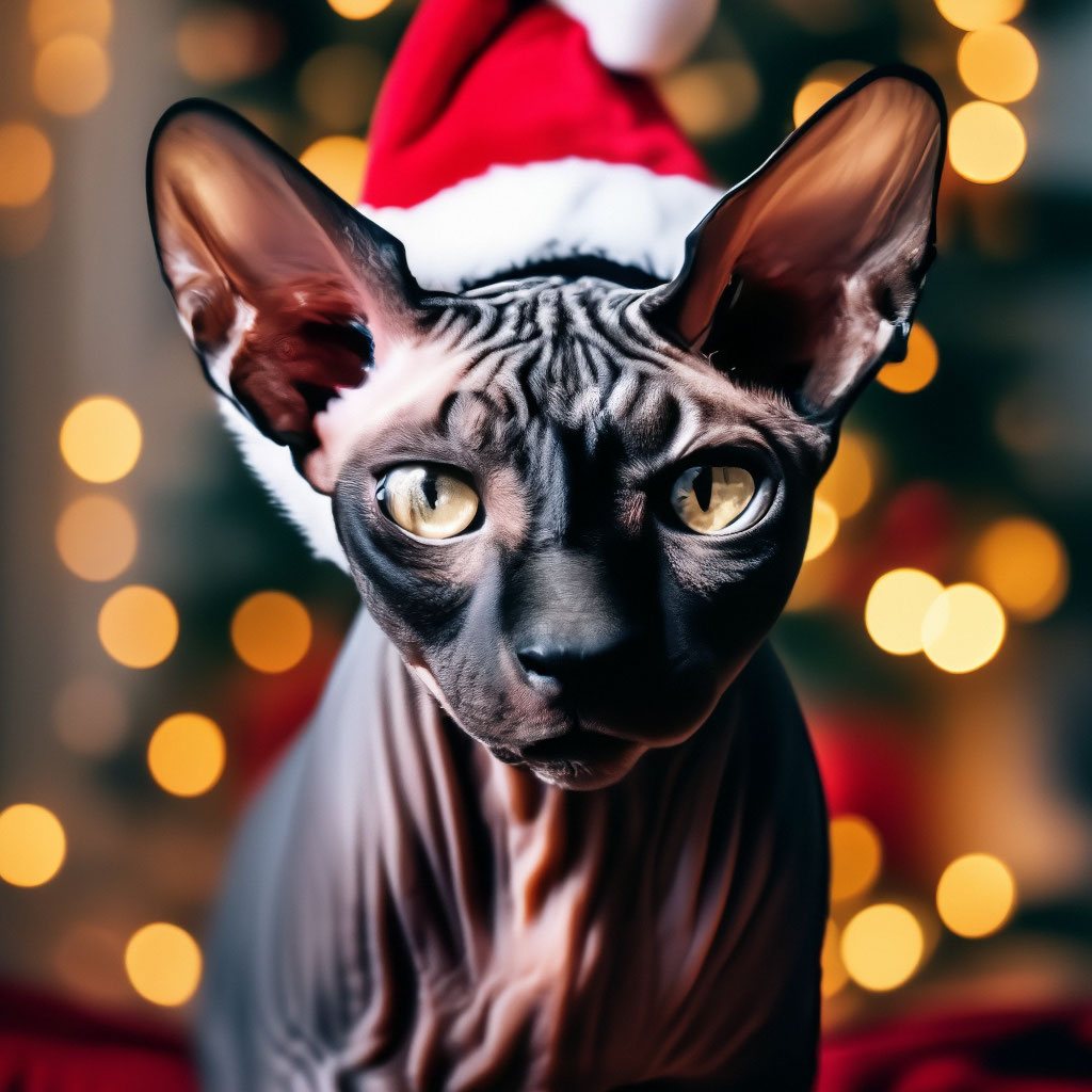"Black sphinx cat, big round eyes, in a Santa Claus hat, Christmas tree ...