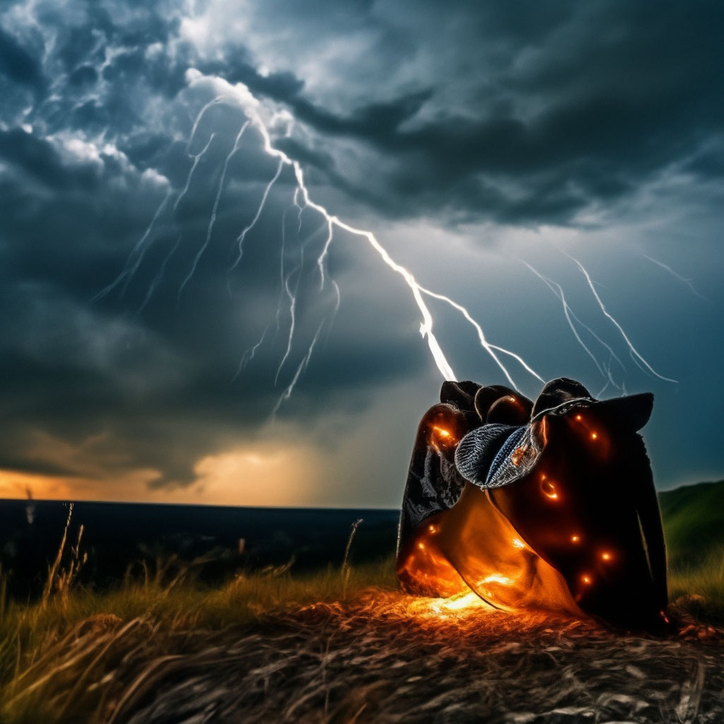 "Thunder rumbles, Lightning flashes in the night, And on the hill there ...