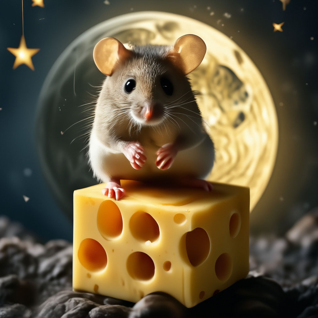 "The moon is in the form of a piece of cheese and a hungry mouse is ...