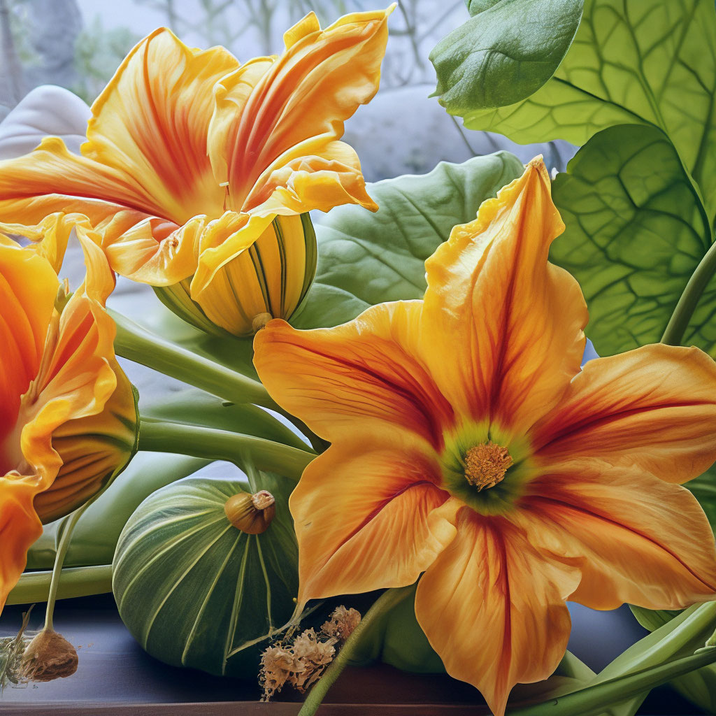"Bright Cucurbita flowers, botanical art book drawing, juicy ...