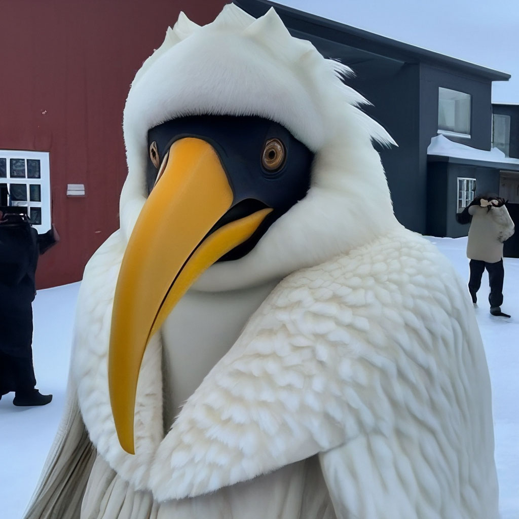 "Meme from 2028 a man in a bird costume 4 meters Antarctica elongated ...