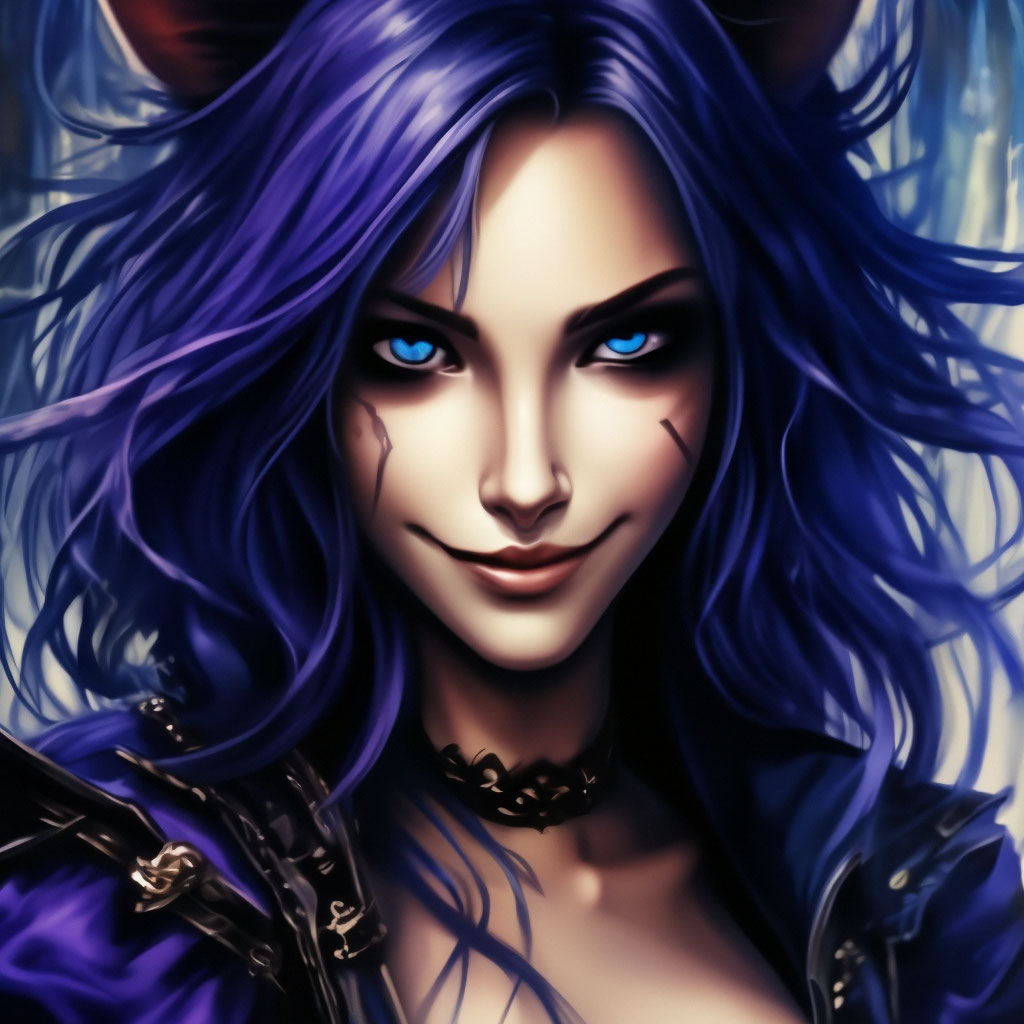 "Female Cheshire cat, smile, teeth. cleavage, steampunk. dark purple ...