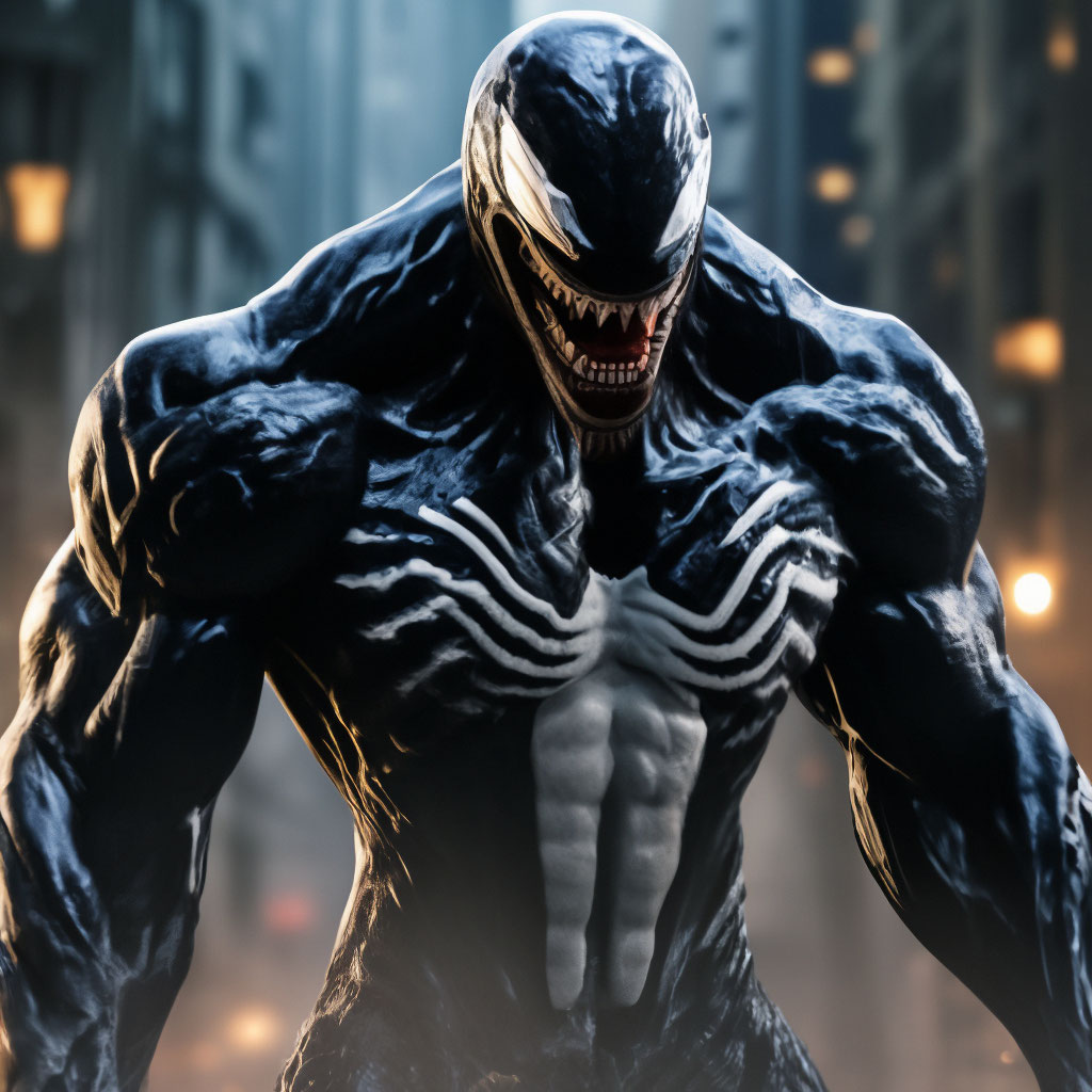 "A powerful and strong hero, Venom, stands angrily looking into the ...