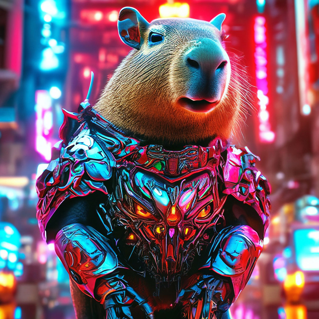 "A beautiful capybara in bionic armor stands in a boiling city, neon ...