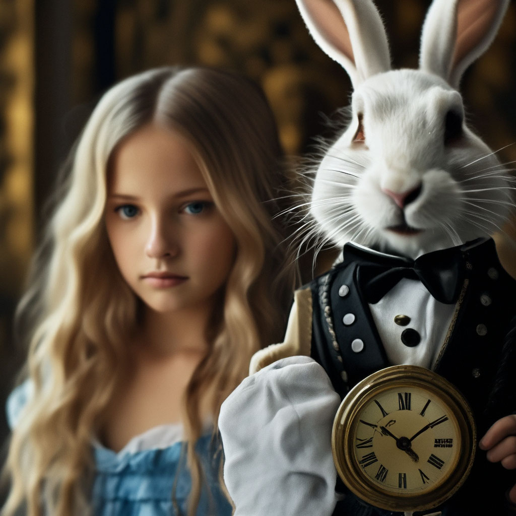 "Alice and the clock, white rabbit with a clock and a top hat ...