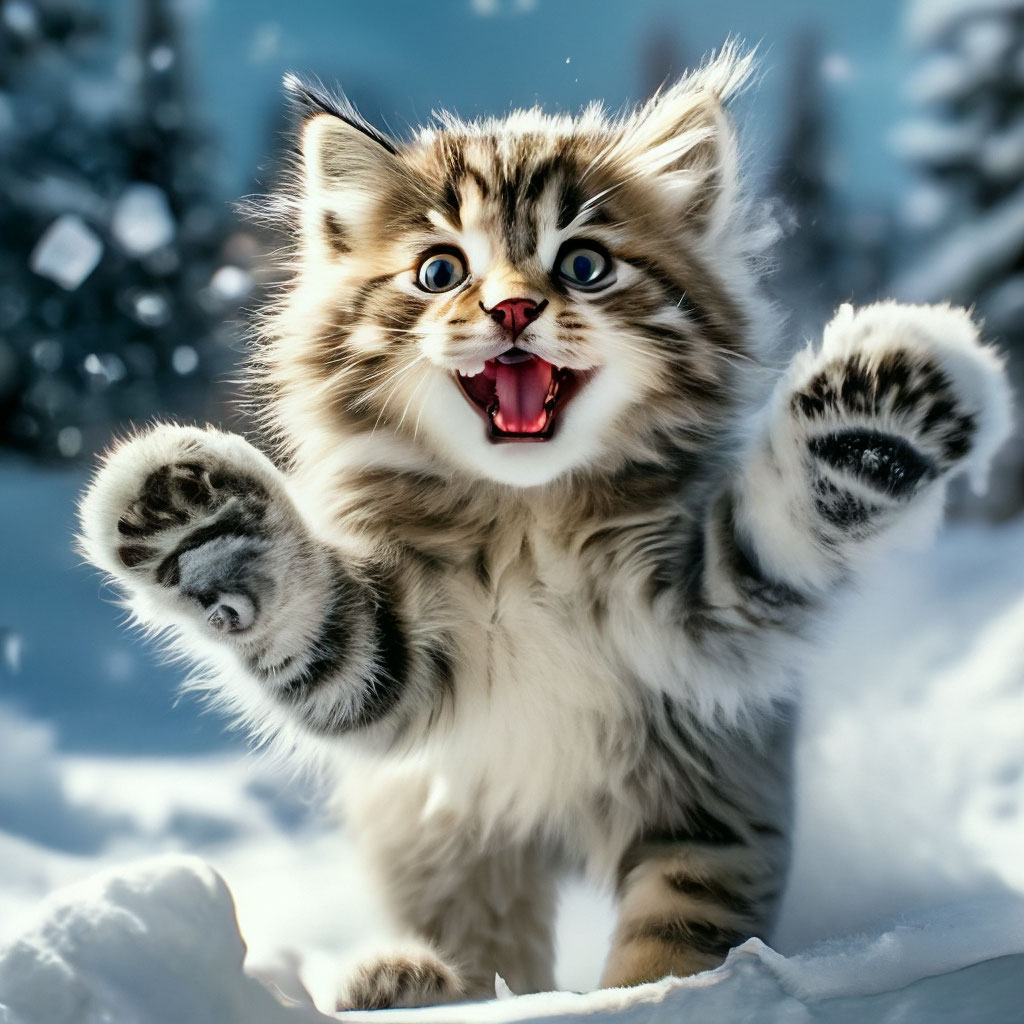 "Cheerful smiling fluffy naughty kitten frolicking in the snow ...