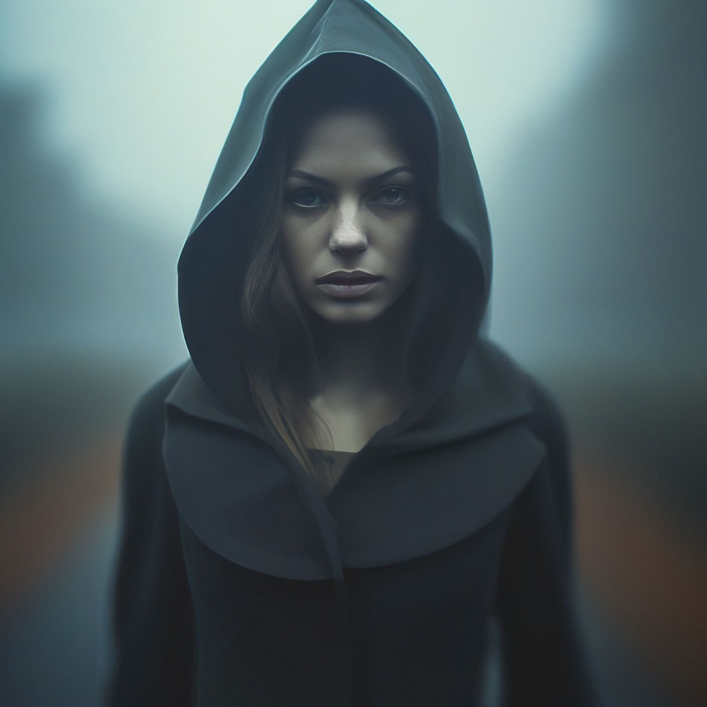 "Fog, ominous, horror, darkness. girl" — image created in Shedevrum