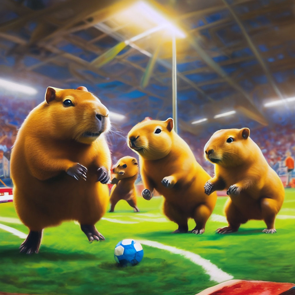 "Capybaras play football" — image created in Shedevrum