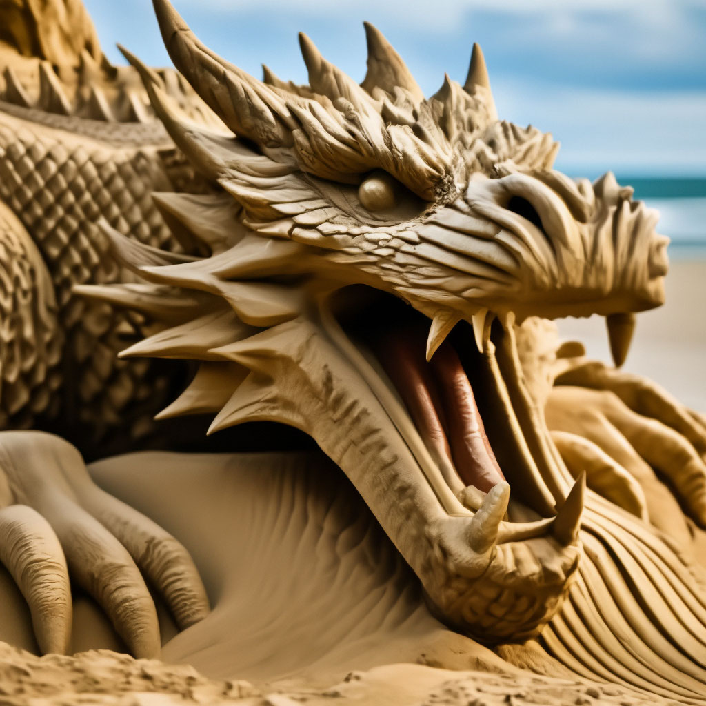 "A dragon made of sand.the image of a large dragon with an open mouth ...