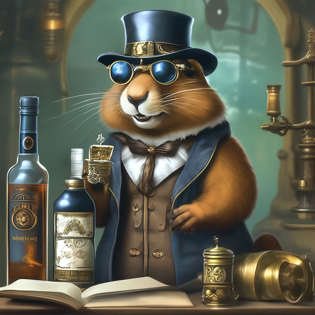 "Beaver in glasses with a book and a bottle of vodka" — image created ...