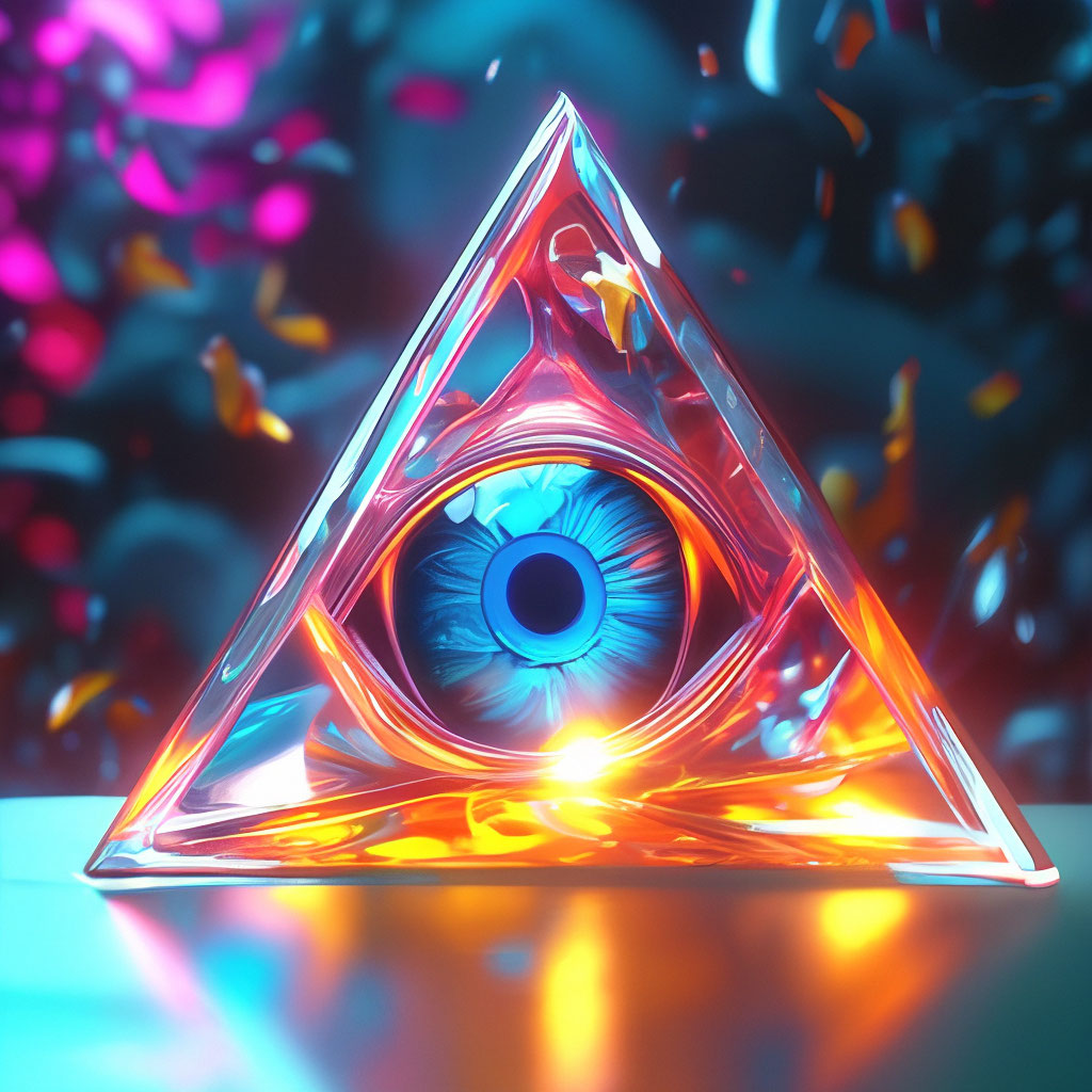 "A glass triangle with a cat's eye inside! Hyperrealism, 16k ...