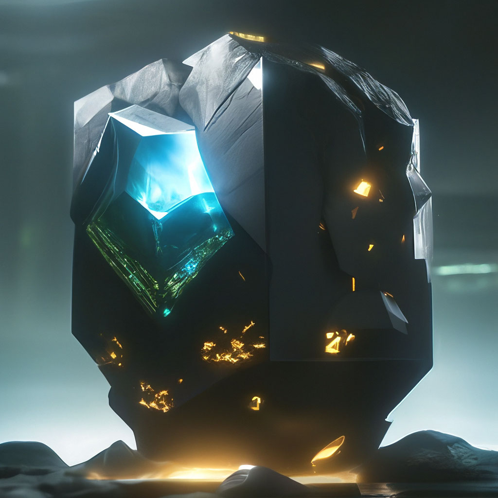 "A black block of rock; in its center is a large diamond" — image ...
