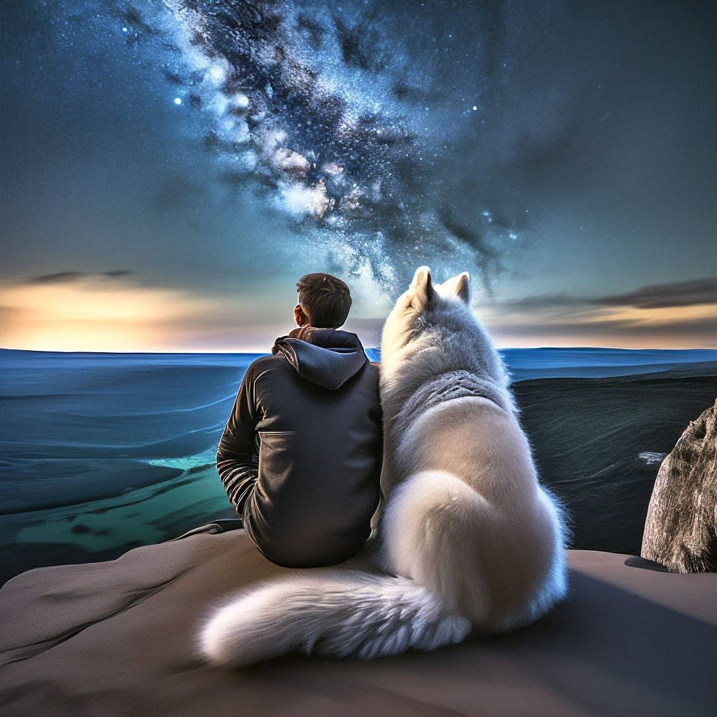"A beautiful man and a fluffy samoyed are sitting on the edge of the ...