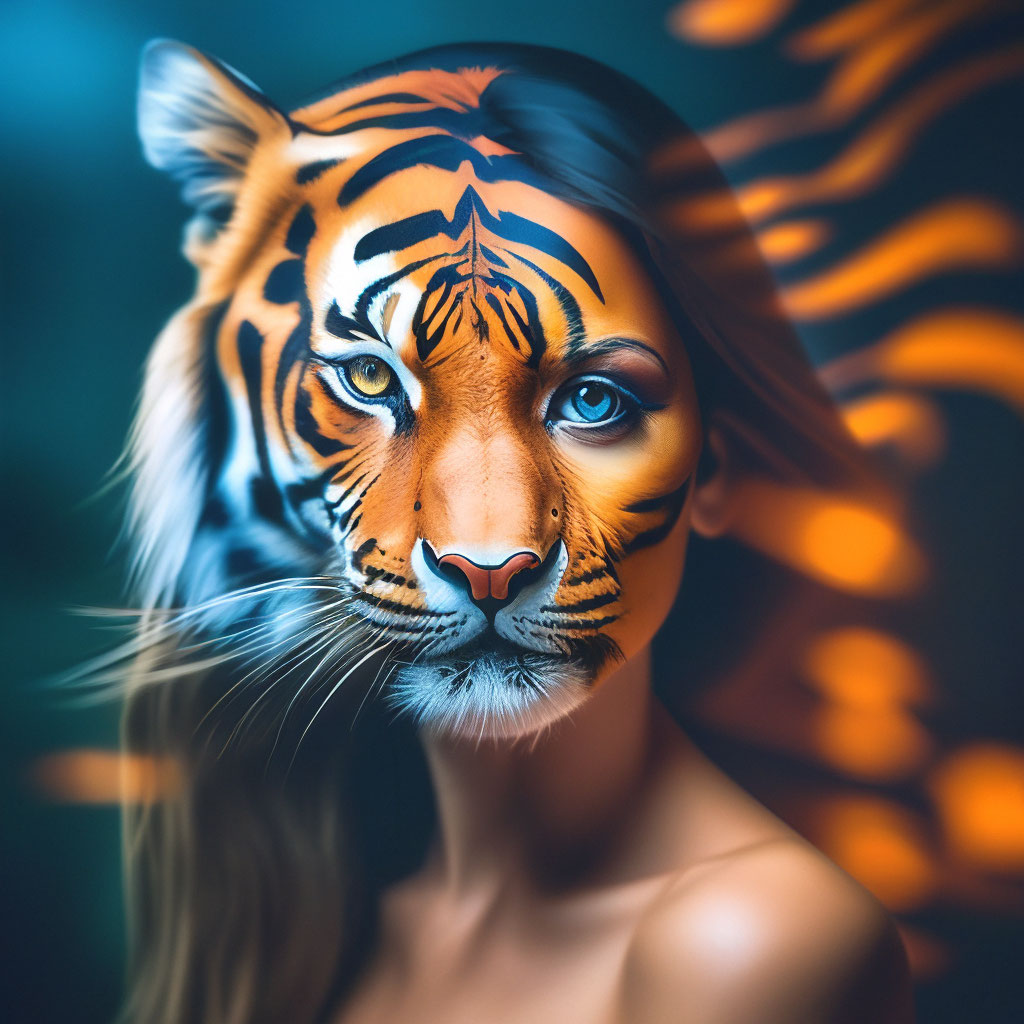 "Tiger girl's face,tiger layers overlay on the face,dark fantasy ...