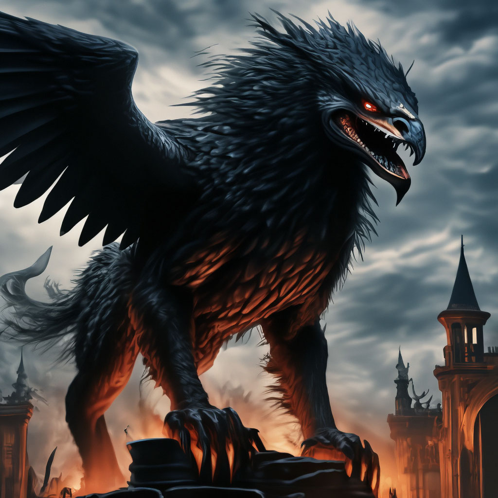 "Horror: angry griffin, evil grin, Gothic landscape, surrealism ...