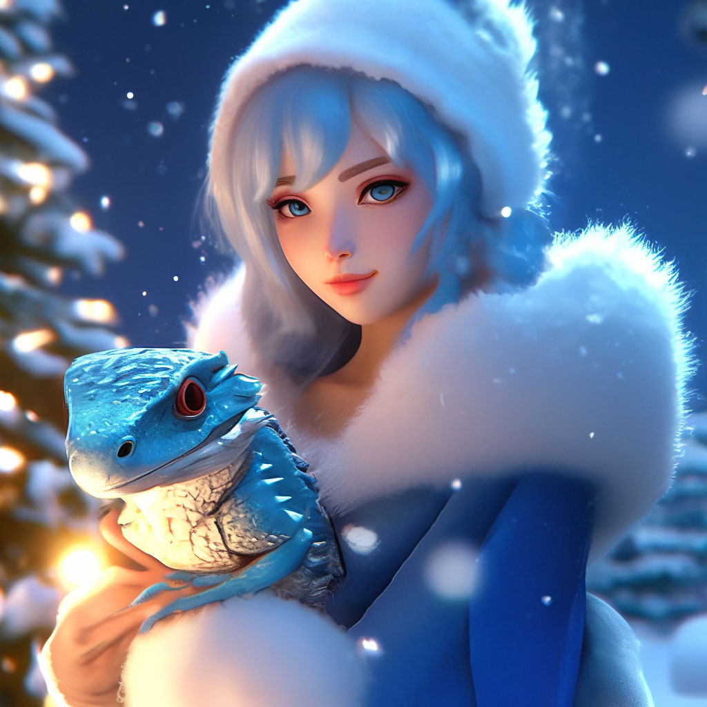 "Snow maiden with a blue monitor lizard, on the background of a ...