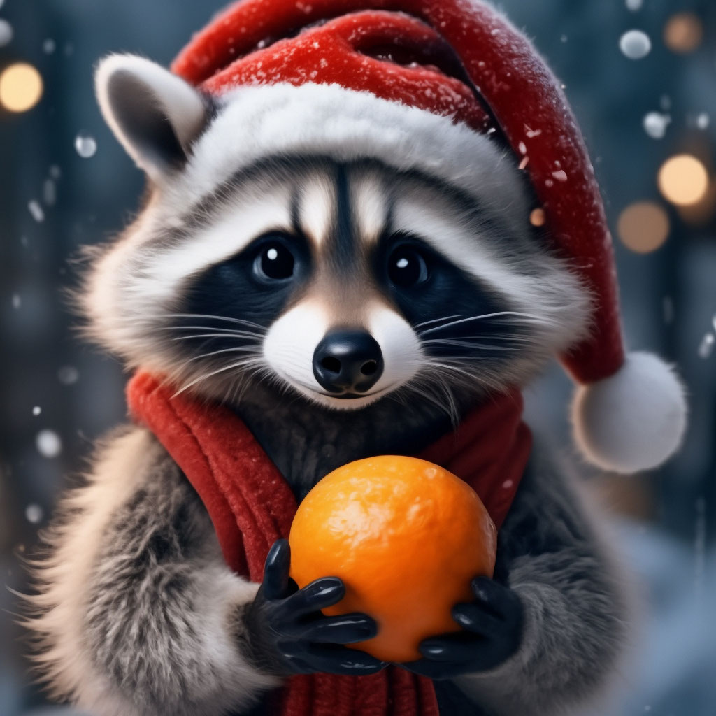 "Funny fluffy raccoon in a Santa Claus hat holds a tangerine, detailed ...